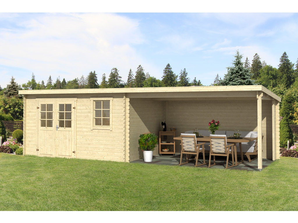 Gartenhaus Blockbohlenhaus Aida 800 28 mm naturbelassen mit 3,8 m Anbau ...